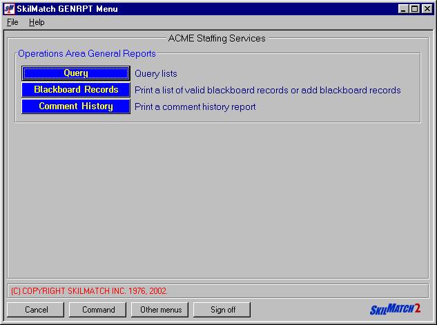SkilMatch GENRPT/GENRPT01: Query
